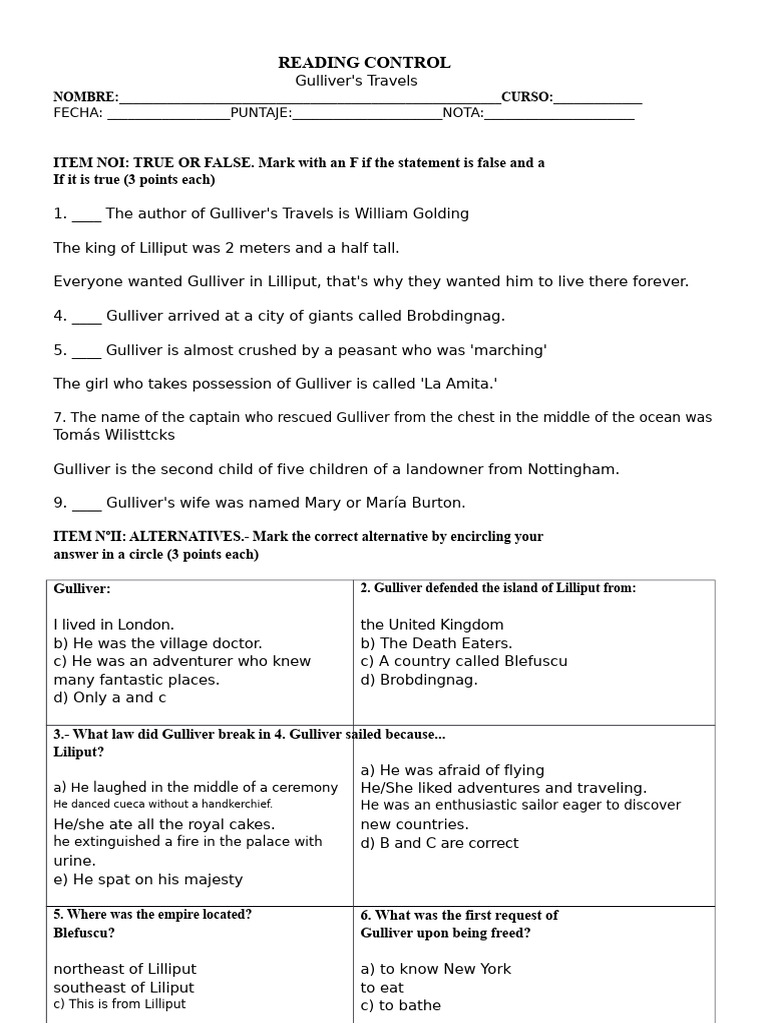 READING CONTROL Gulliver's Travels | PDF | Gulliver's Travels ...
