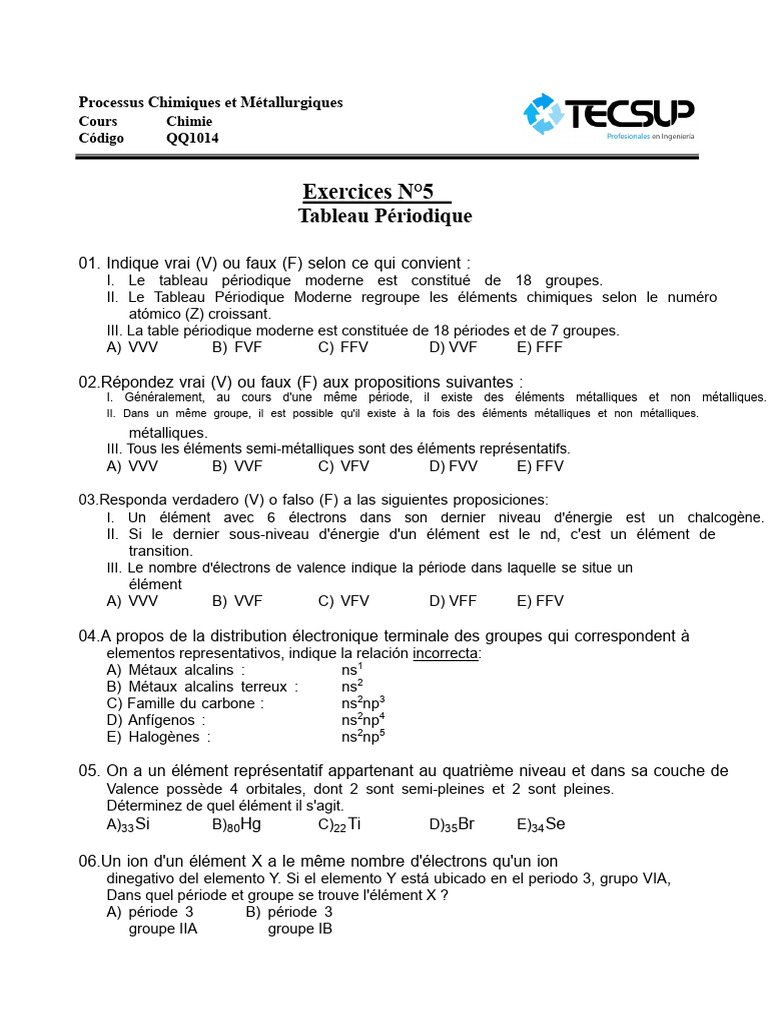 Exercices sur le Tableau Périodique | PDF | Tableau périodique ...