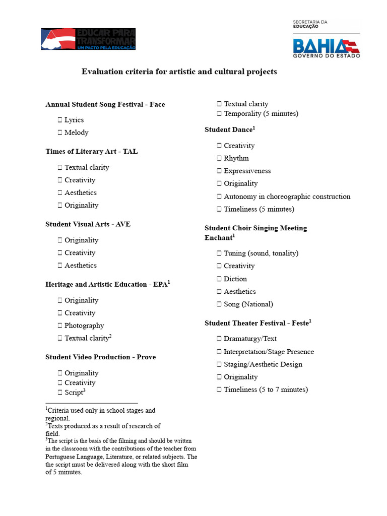 Evaluation Criteria For Artistic and Cultural Projects 2018 | PDF | The ...