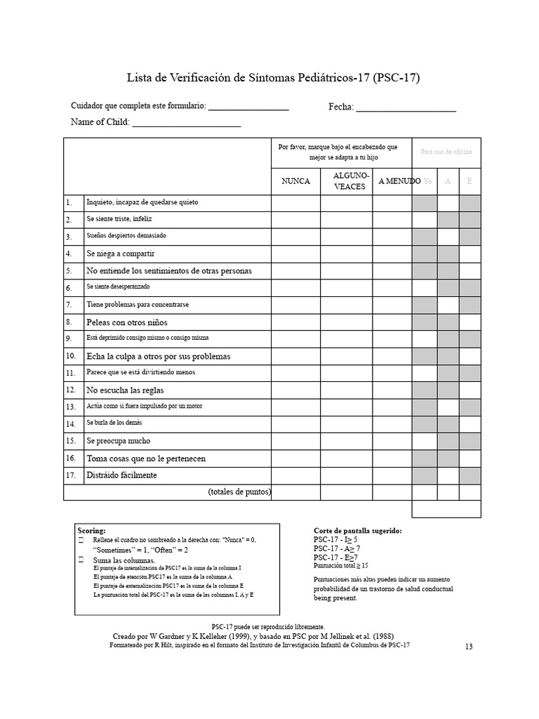 Evaluación PSC-17 para Síntomas Pediátricos | PDF | Diagnostico medico ...