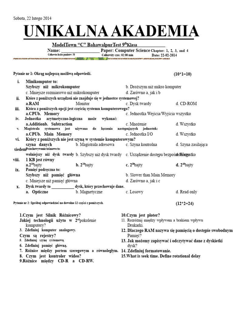 Test 8 Rozdział 1,2,3,4 | PDF
