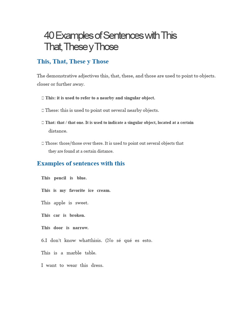 40 Sentence Examples for This, That, These, Those | PDF