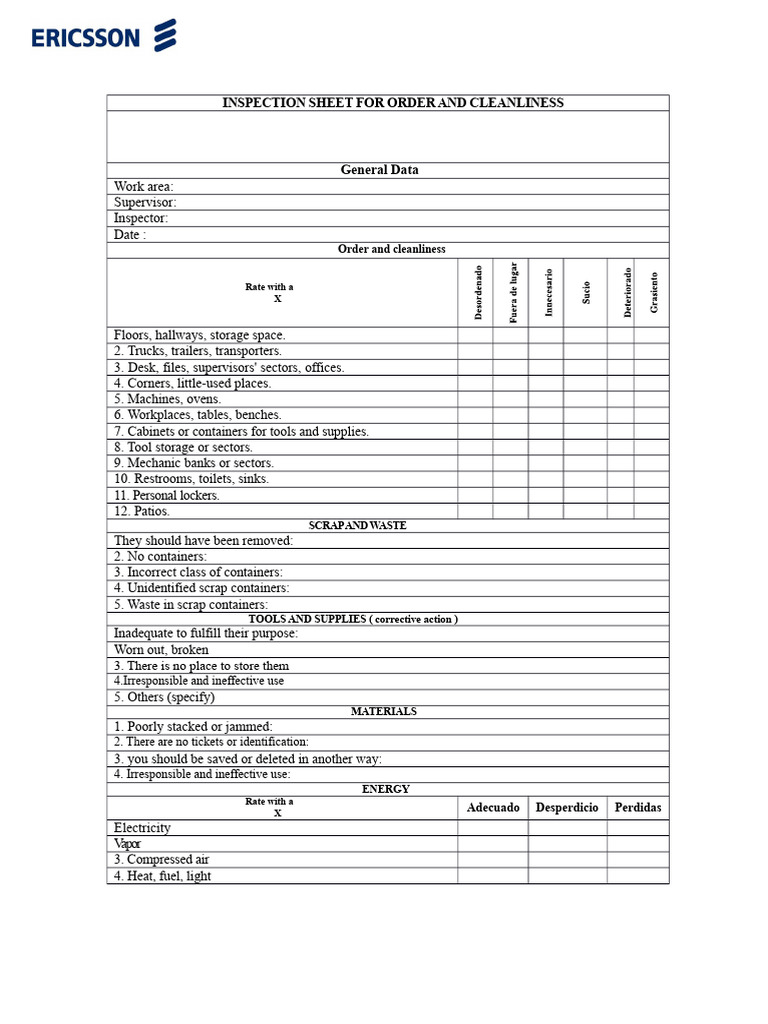Inspection Sheet For Order and Cleanliness | PDF