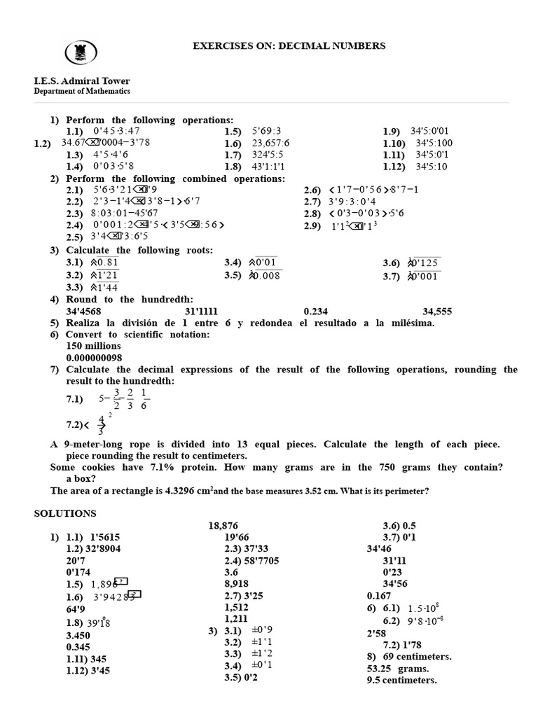 05 - 2nd Year of ESO - Decimal Numbers PDF | PDF | Elementary ...