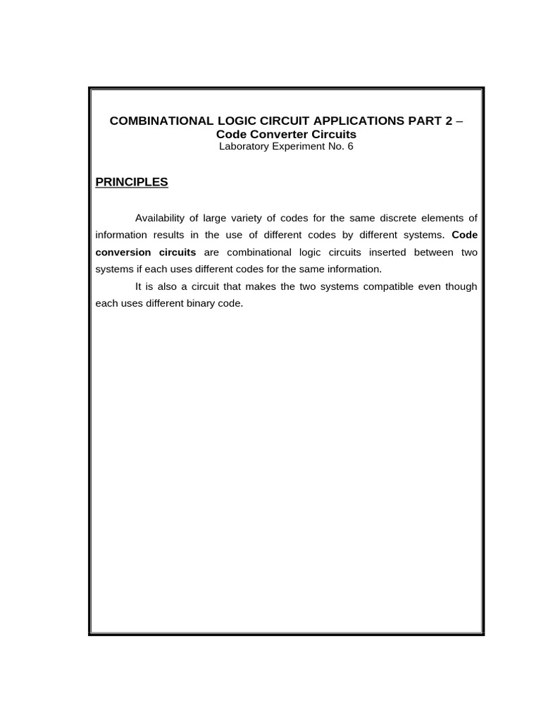 COEN 3101 Lab Experiment # 6 - Combinational Logic Circuit Applications Part 2 - Code Converter ...