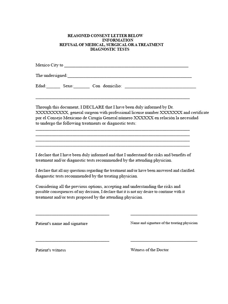 Letter of Consent To Refusal of Treatment | PDF
