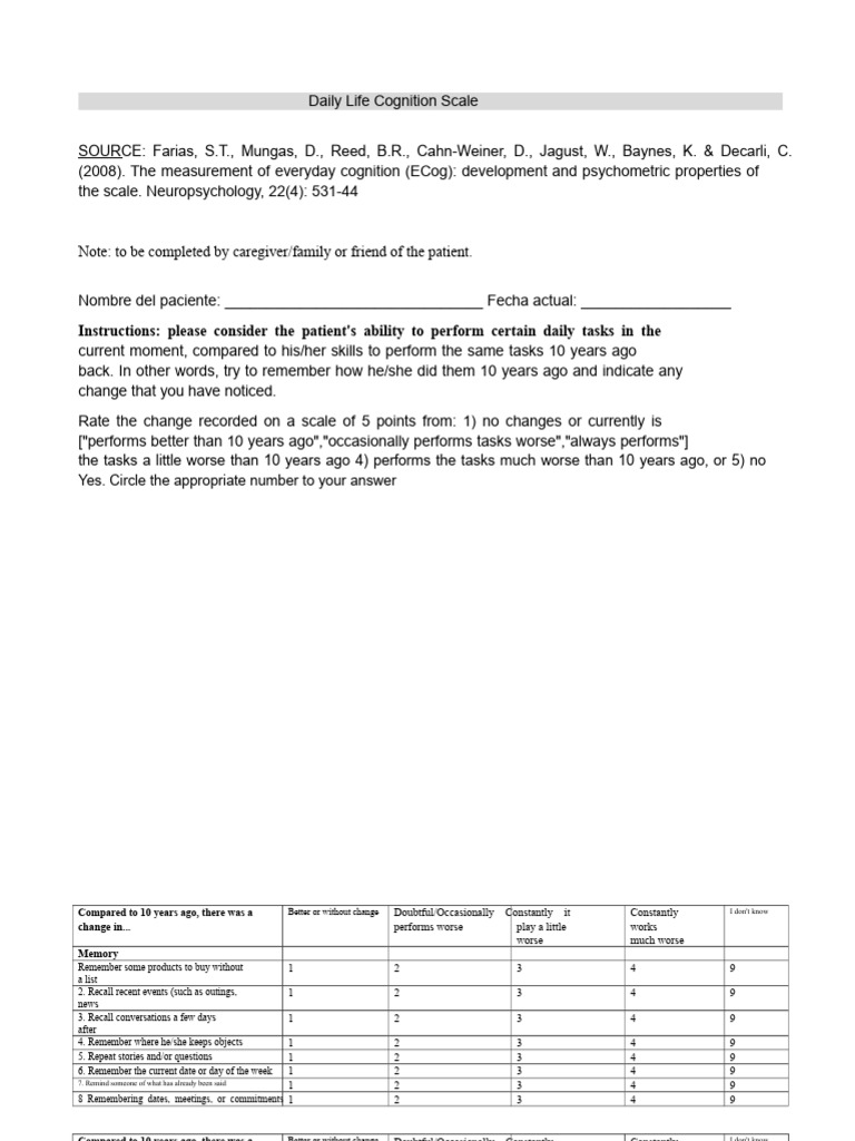 Daily Life Cognition Scale Assessment | PDF | Neuroscience | Cognitive ...