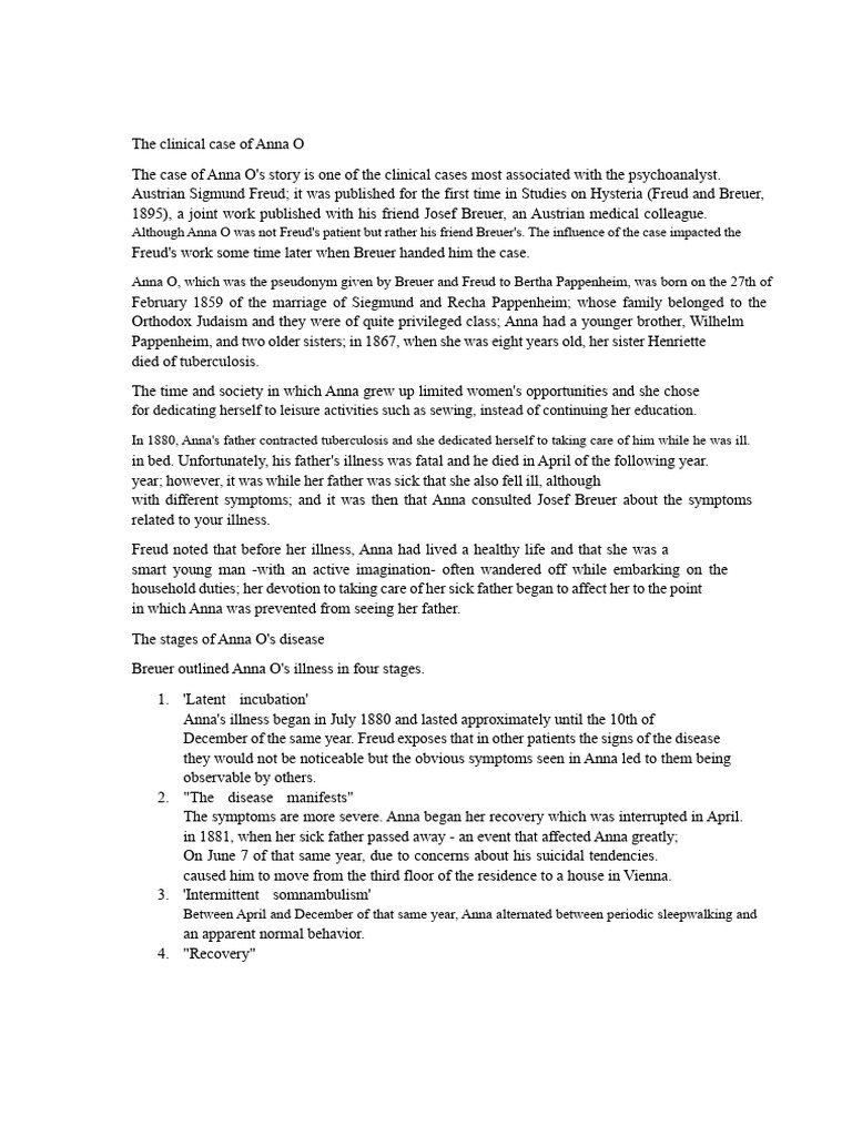 The Clinical Case of Anna O | PDF | Mental Health | Psychology