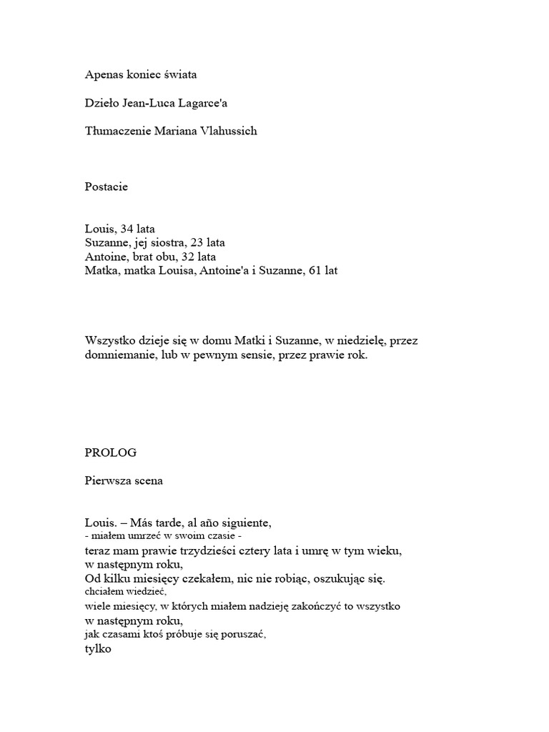 JEAN LUC LAGARCE, Tylko Koniec Świata | PDF
