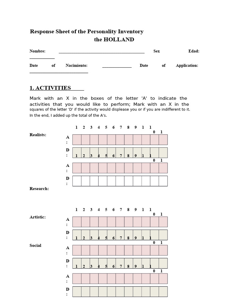 HOLLAND Personality Inventory Response Sheet.docx | PDF