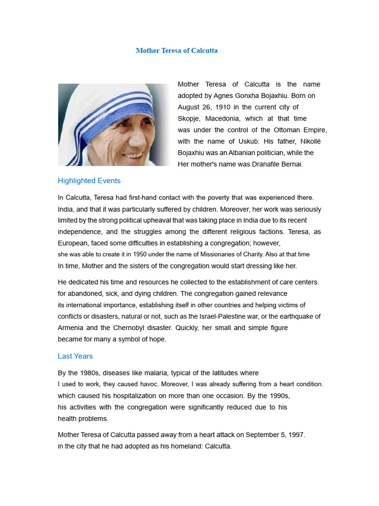 Life and Legacy of Mother Teresa | PDF