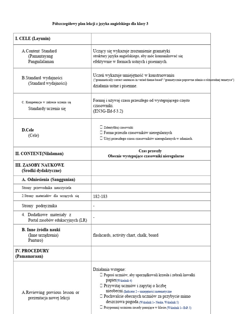 Codzienny Plan Lekcji Dotyczący Czasu Przeszłego Czasowników | PDF