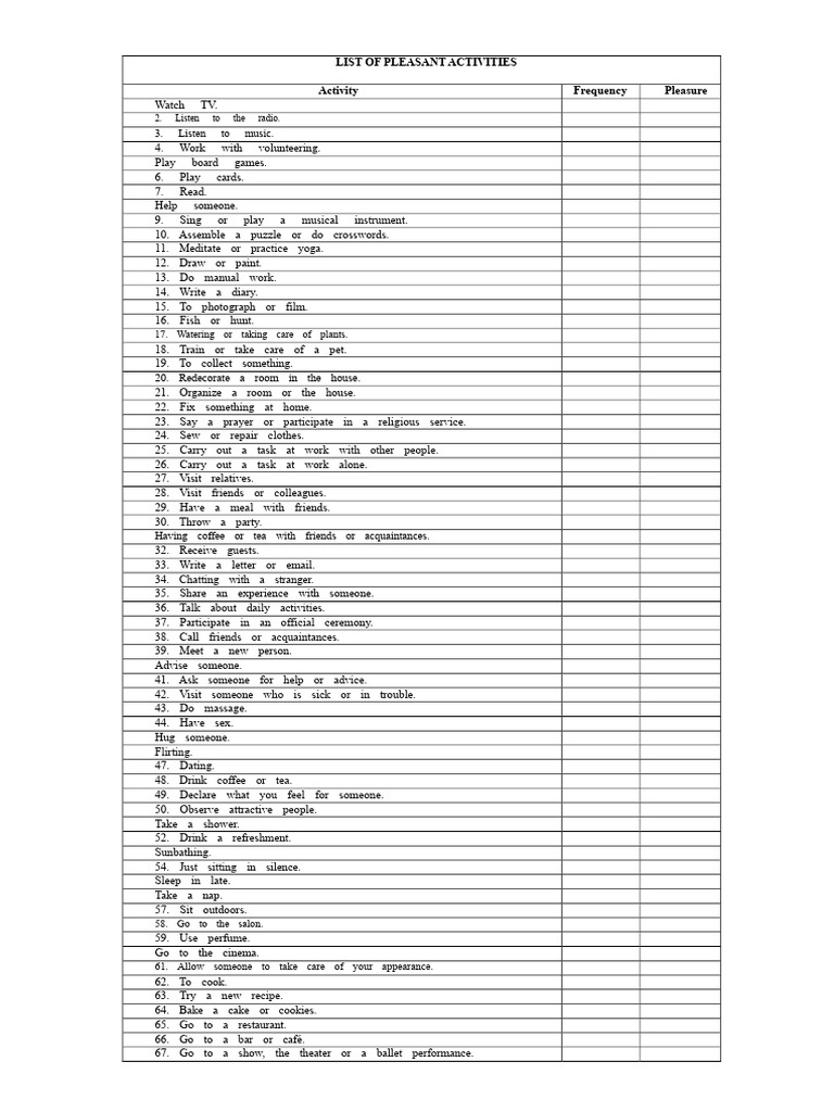 List of Pleasurable Activities | PDF