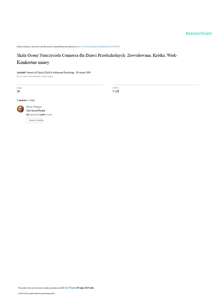 Skala Oceny Nauczyciela Connersa Dla Dzieci Przedszkolnych PDF | PDF