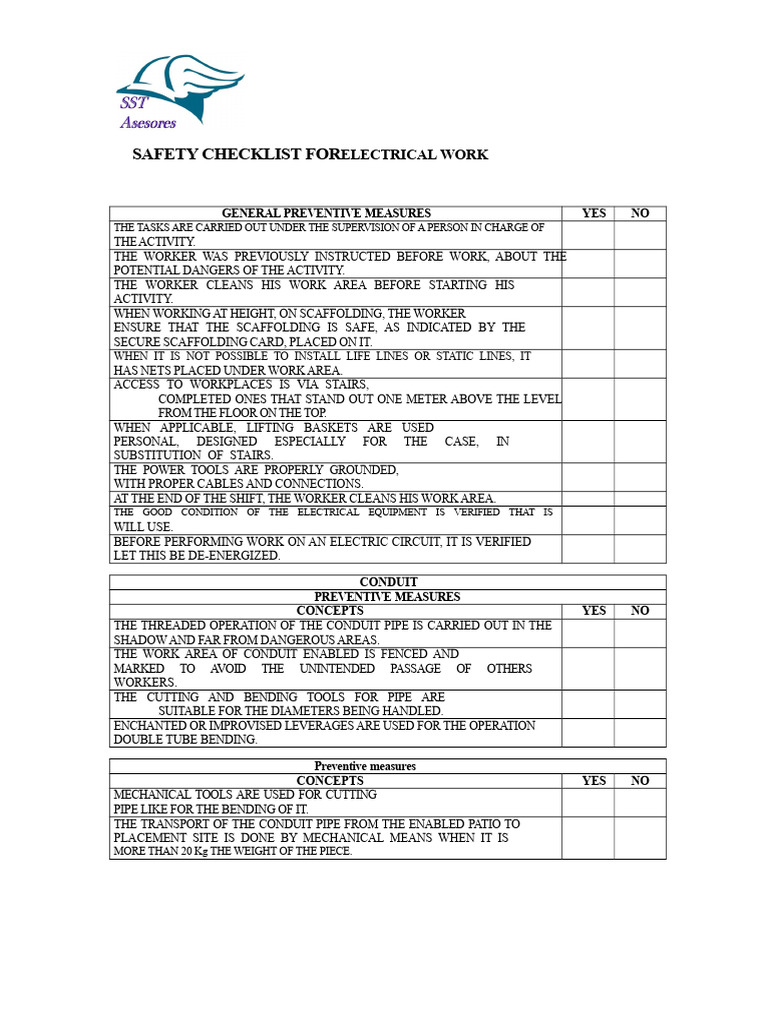 Electrical Work Safety Checklist | PDF | Electrical Wiring | Pipe ...