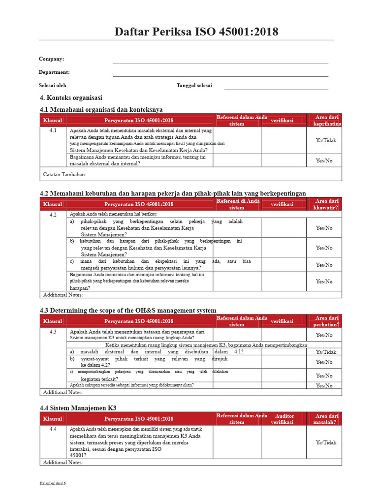 Daftar Periksa ISO 45001:2018 K3 | PDF