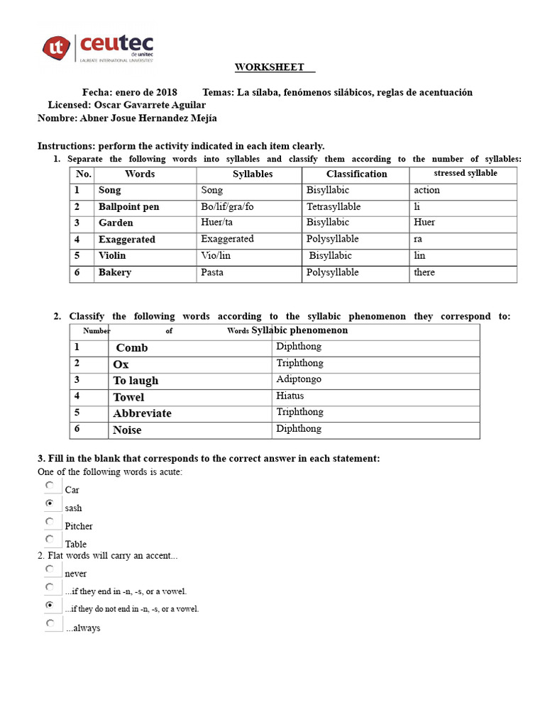Worksheet 1 | PDF | Stress (Linguistics) | Syllable