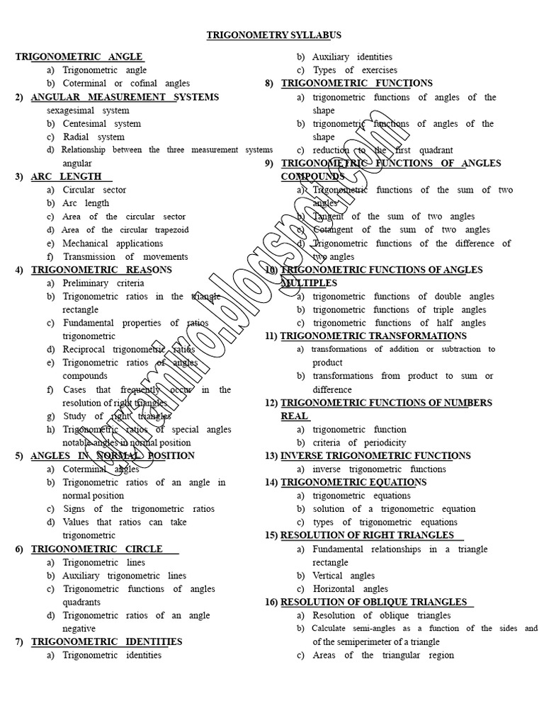 TRIGONOMETRY SYLLABUS | PDF | Trigonometric Functions | Trigonometry