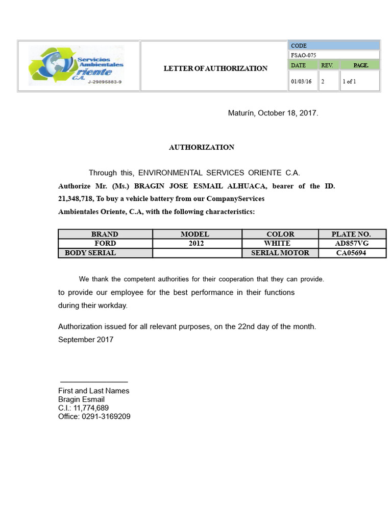 Letter of Authorization For Vehicles | PDF | Vehicles | Motor Vehicle
