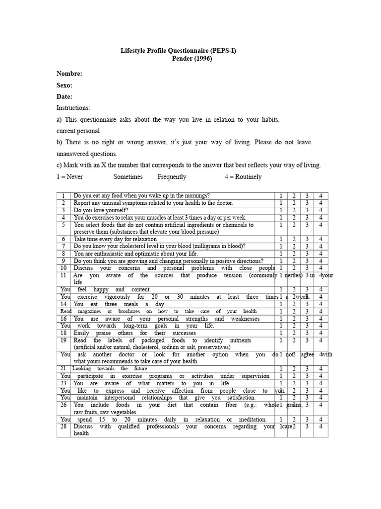 Lifestyle Profile Questionnaire PEPS-I | PDF | Determinants Of Health