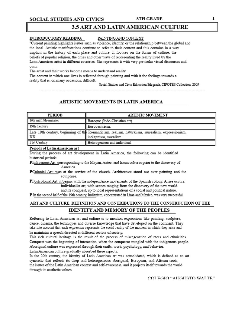 Eighth Grade Social Studies ART AND LATIN AMERICAN CULTURE | PDF