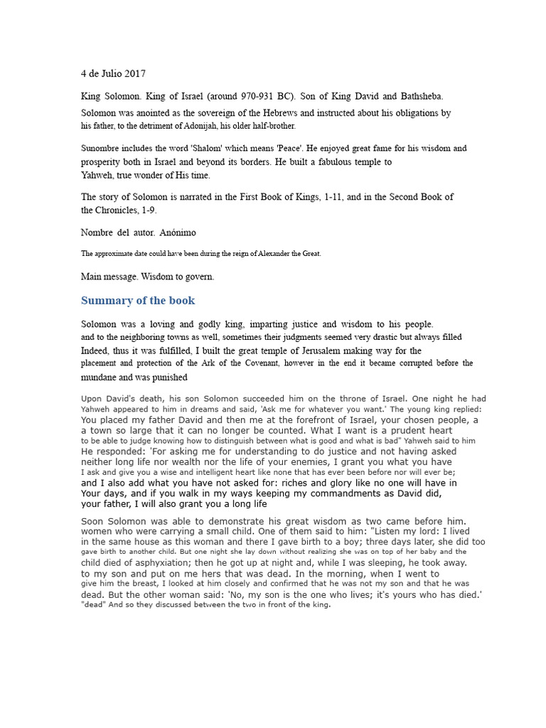 King Solomon: Wisdom and Legacy | PDF | Solomons | David