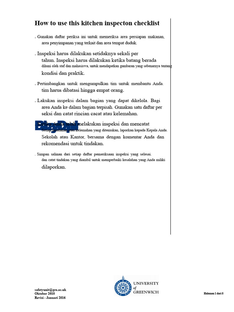Daftar Periksa Inspeksi Dapur | PDF