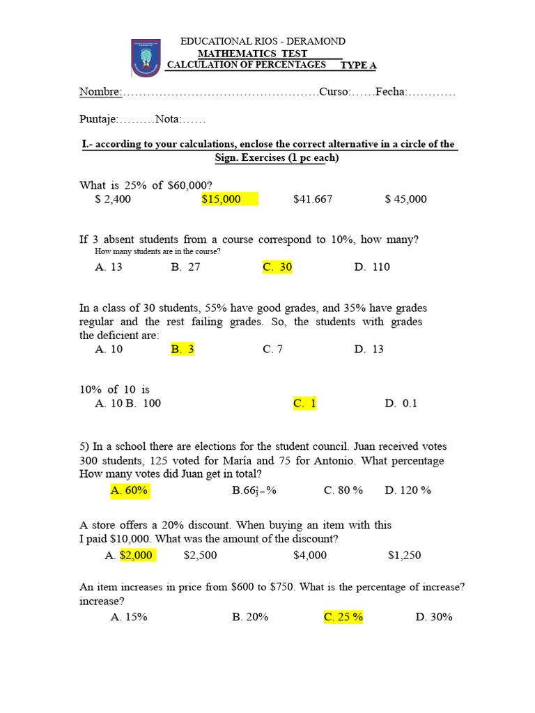 MATHEMATICS TEST Combined Courses | PDF | Percentage | Mathematics