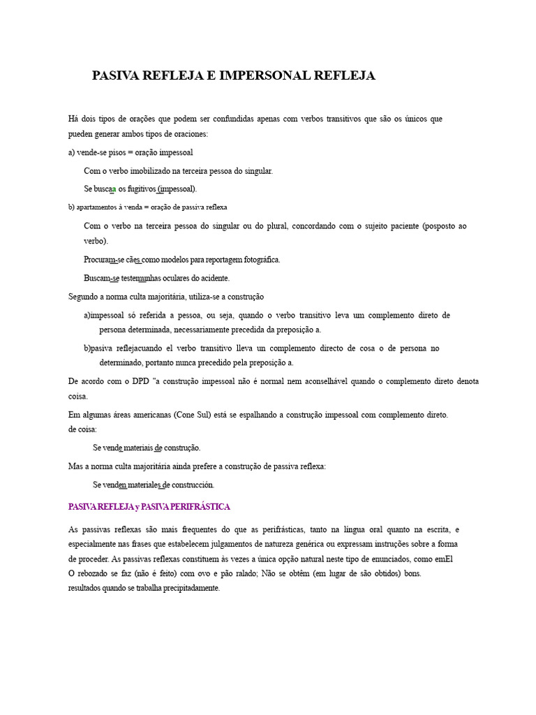 Diferenças entre Passiva Reflexa e Impessoal | PDF | Assunto (gramática ...