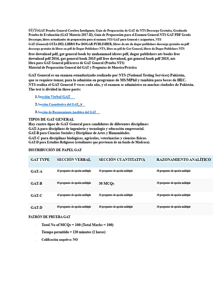 Sección Verbal GAT: GAT Prueba General Cerebro Inteligente, Guía de Preparación de GAT de NTS ...