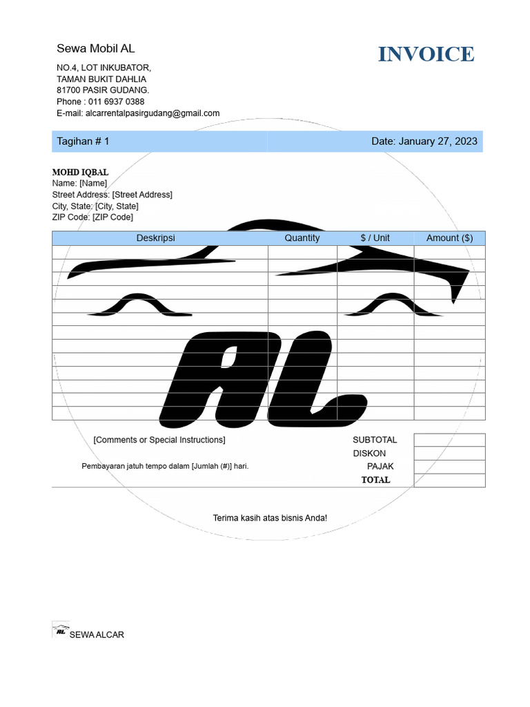 Invoice Sewa Mobil Alcar Pasir Gudang | PDF