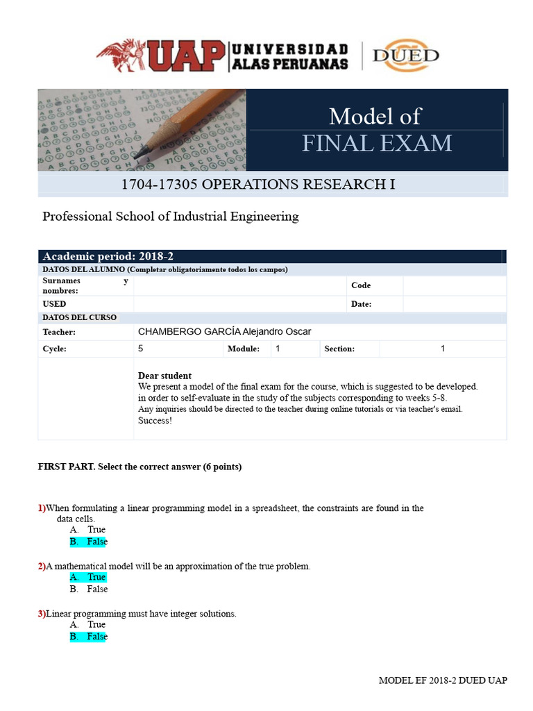 Operations Research I Final Exam Model | PDF | Linear Programming