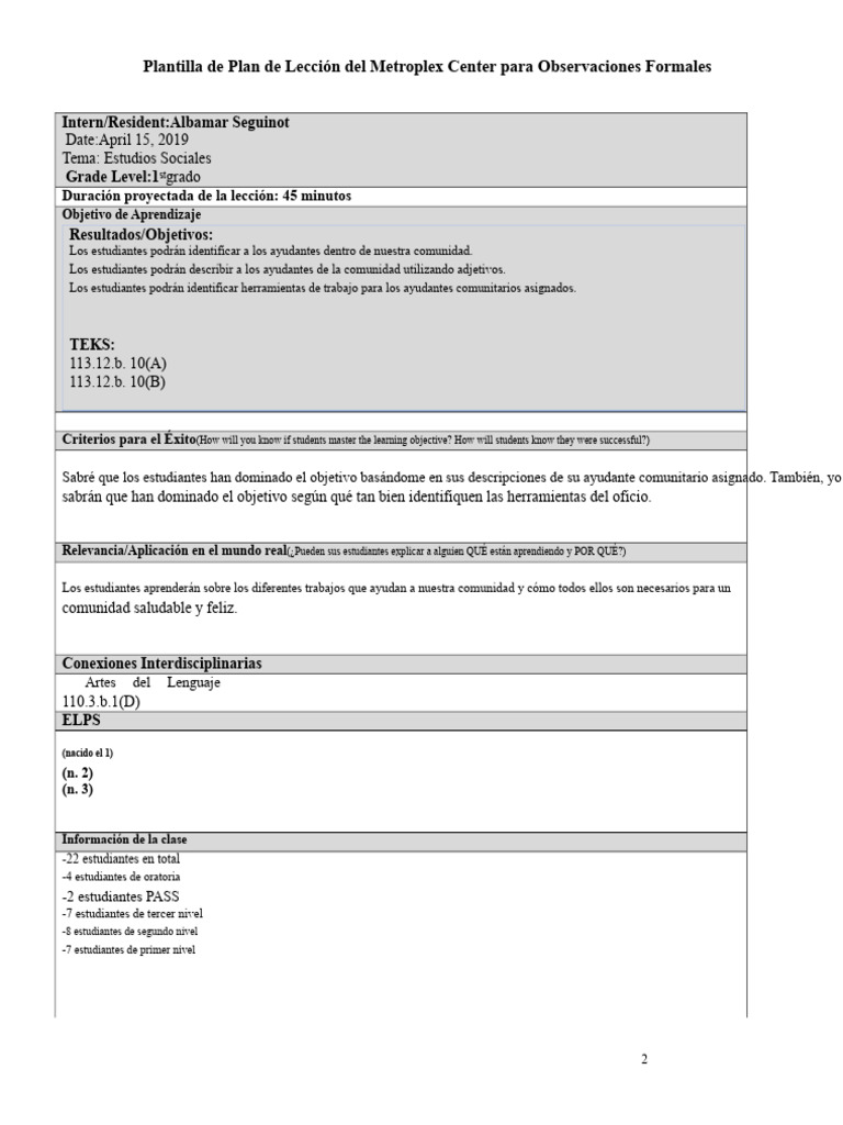 Plan de Lección: Ayudantes Comunitarios | PDF | Cuestionario