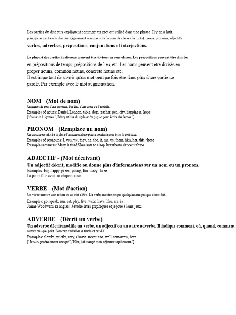 Les Parties Du Discours | PDF | Nature (grammaire) | Pronom