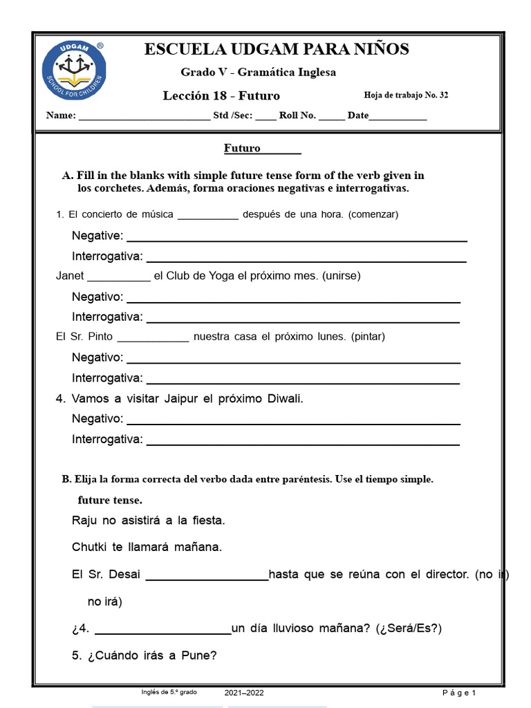 18-Tiempo Futuro - Hoja de Trabajo No. 32 | PDF | Gramática | Lingüística