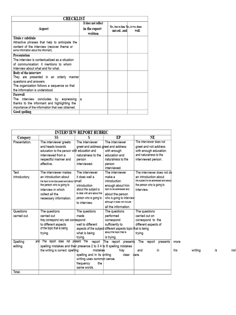 Rubric For Evaluating Interview For Second Year of Secondary School ...