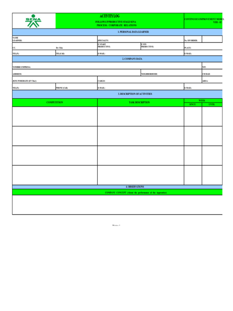 Biweekly Log Format - Productive Stage SENA | PDF