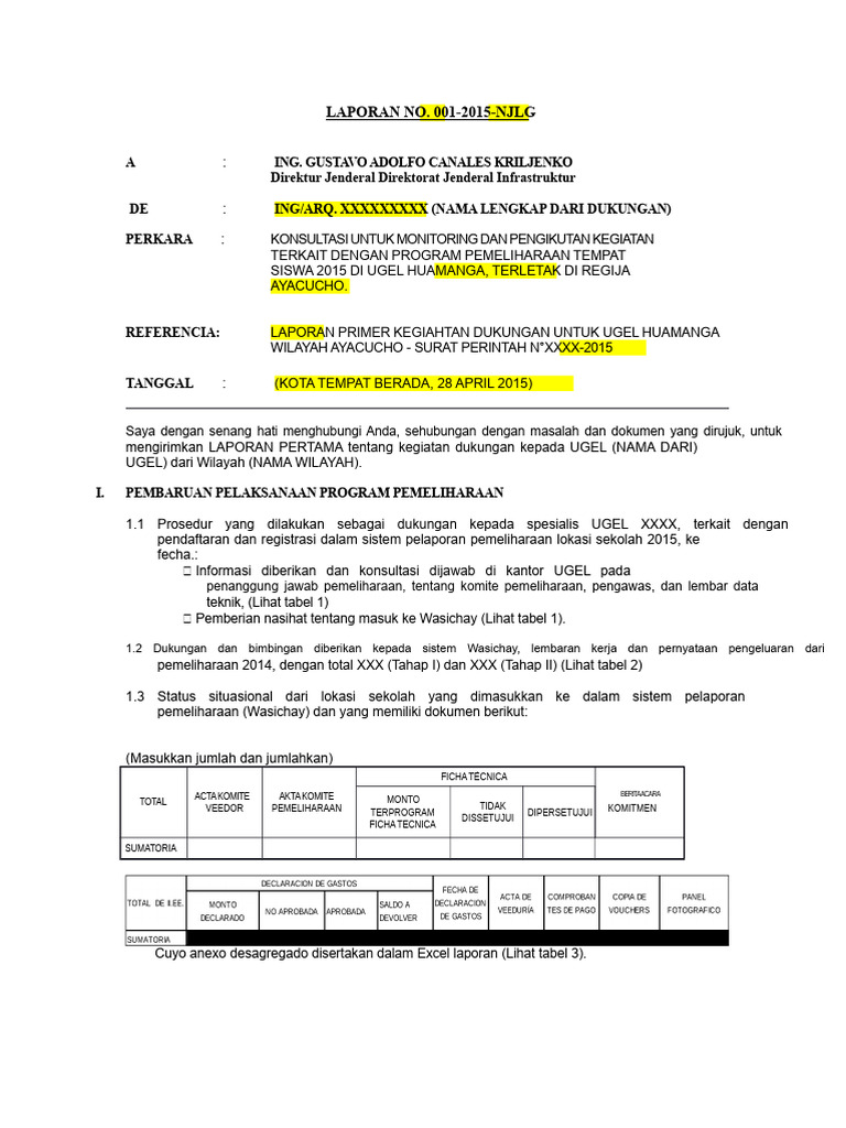 Model Laporan Untuk Pemeliharaan Lokasi Sekolah. | PDF