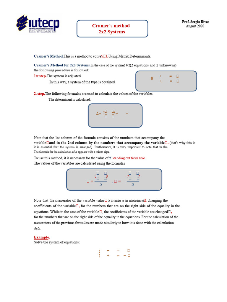 Cramer's Method for 2x2 Systems | PDF | Determinant | Variable ...