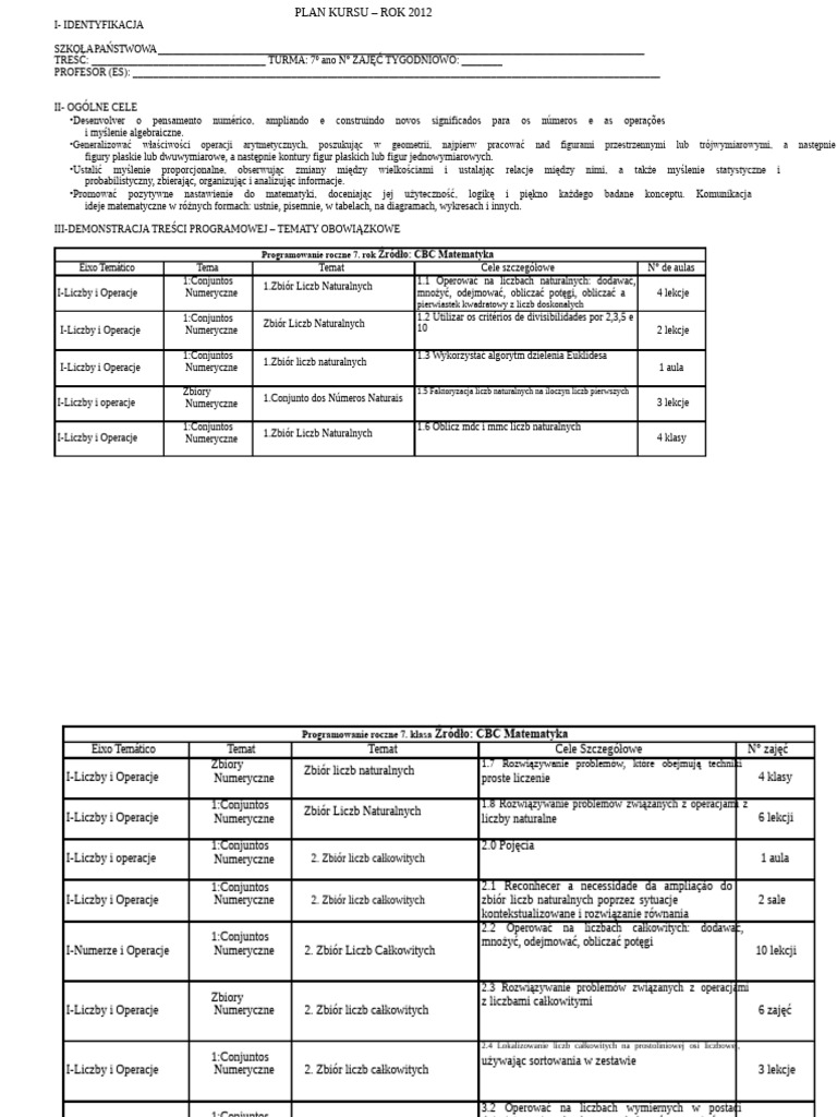 Plan Nauczania Matematyka 7 Klasa | PDF