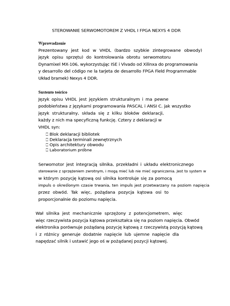 Sterowanie Serwomechanizmem Za Pomocą VHDL I FPGA Nexys 4 DDR | PDF