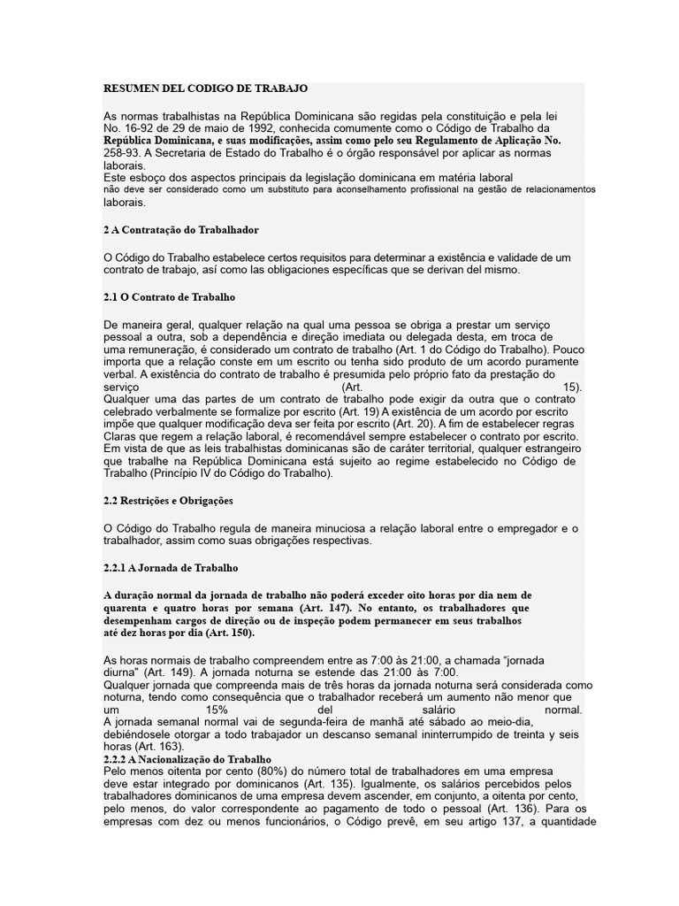 Código de Trabalho na República Dominicana | PDF | Férias trabalhistas ...