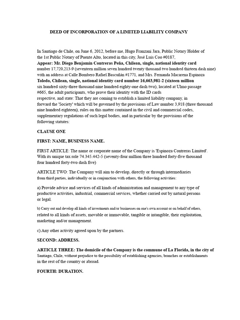 Deed of Incorporation of A Limited Liability Company | PDF ...