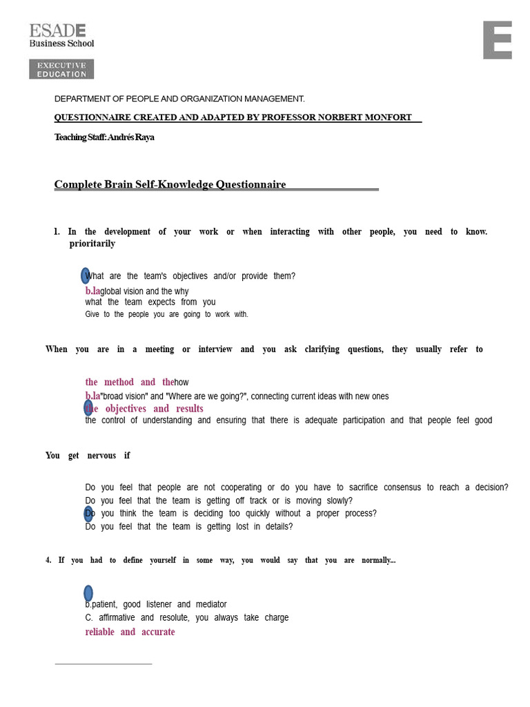 Self-Knowledge Questionnaire Complete Brain - Doc Ms | PDF ...