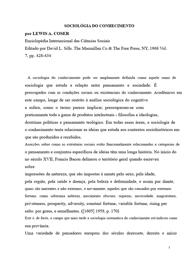 Sociologia Do Conhecimento Por Lewis Coser (1968) | PDF | Sociologia ...