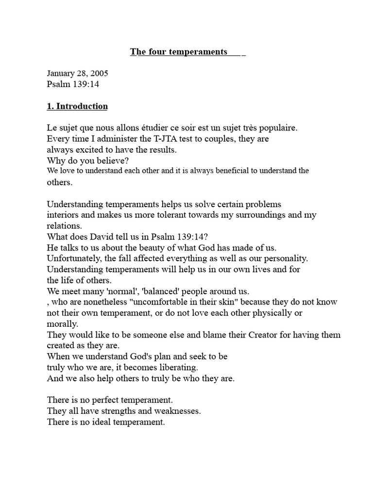 Understanding the Four Temperaments | PDF | Temperament | Extraversion ...