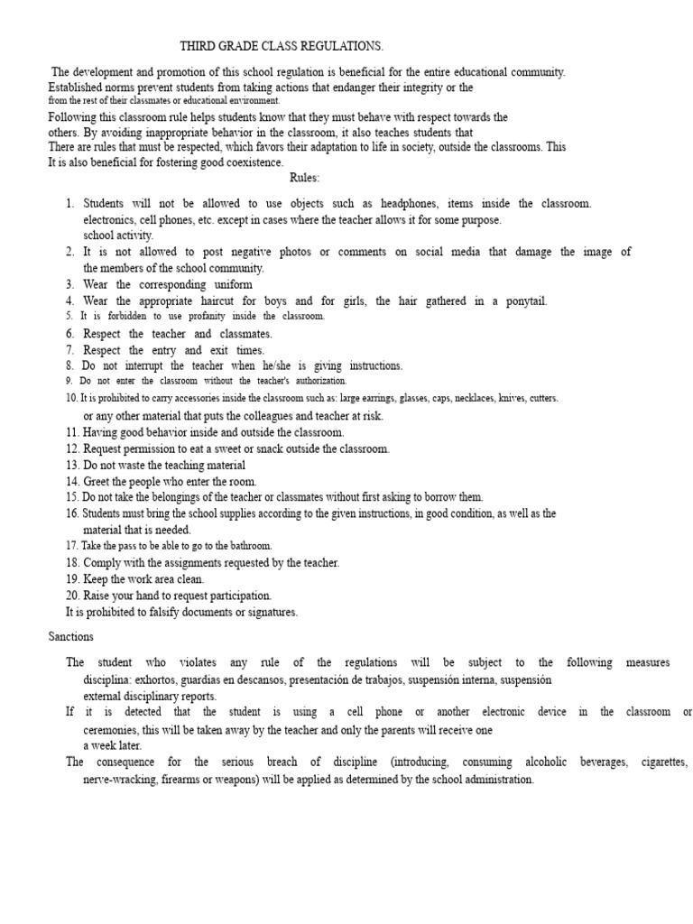 Third Grade Class Regulations | PDF | Teachers | Classroom