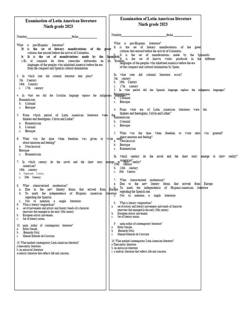 ninth grade literature exam | PDF | Latin American Literature | Romanticism