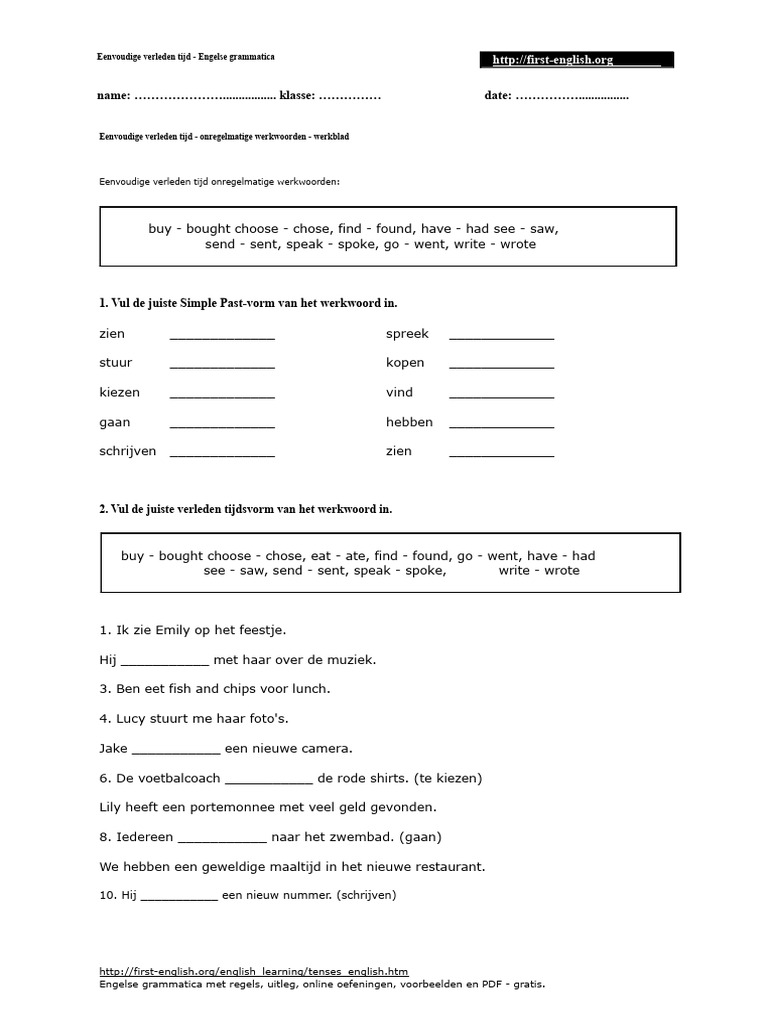 Eenvoudige Verleden Tijd 11 Onregelmatige Werkwoorden Werkblad PDF | PDF