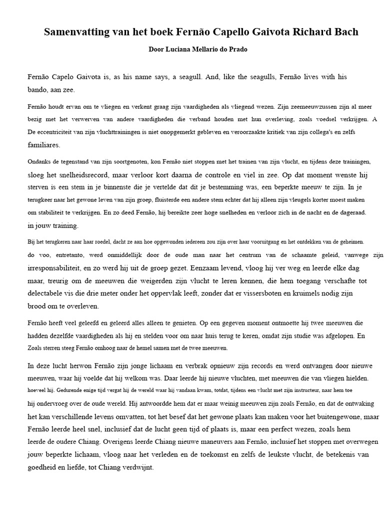 Samenvatting van het boek Fernão Capello Gaivota van Richard Bach | PDF